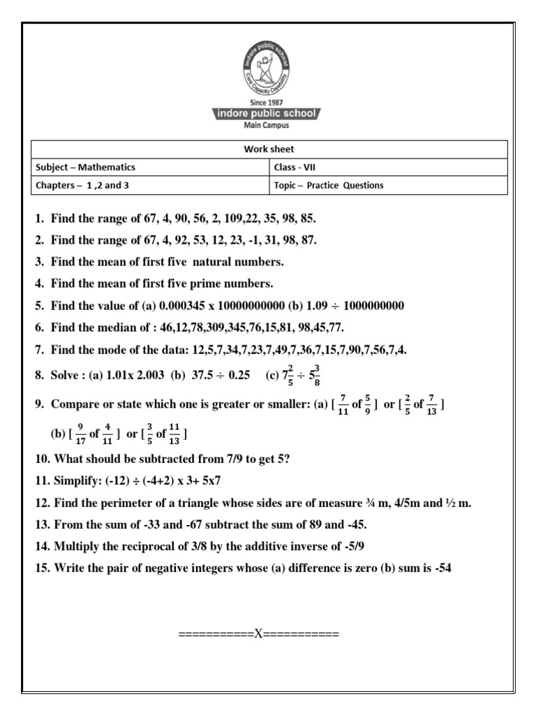 Work Sheet Class-7th Mathematics | PDF | Teaching Methods & Materials