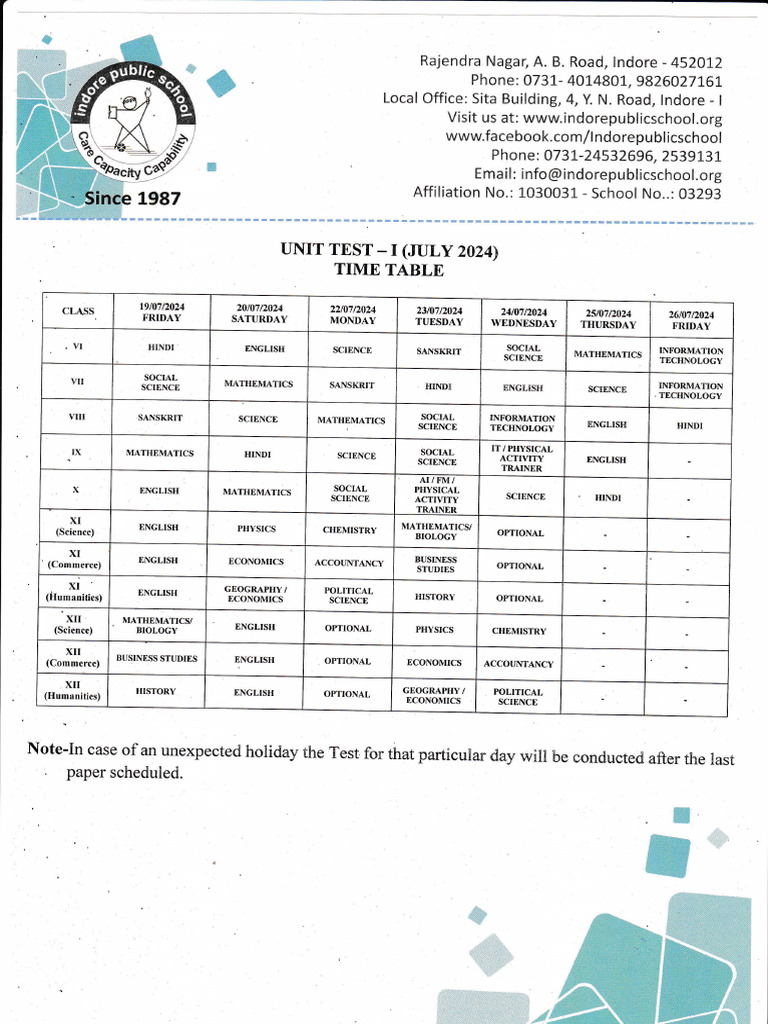 Time Table Unit Test July 2024 (Vi To Xii) | PDF | Epistemology ...