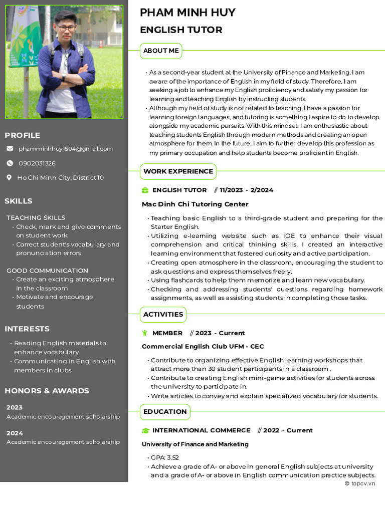 CV Pham Minh Huy - CV Eng Tutor | PDF | English Language | Vocabulary