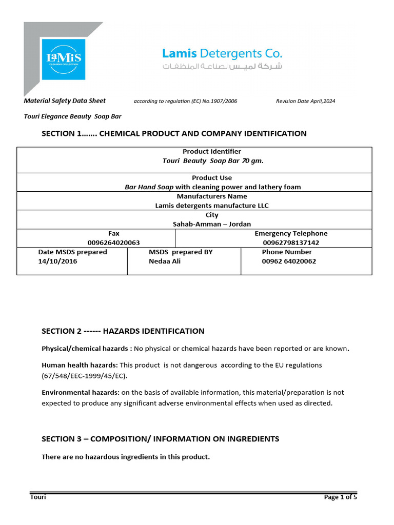 Touri Elegance Soap MSDS Overview | PDF | Hazards | Toxicity