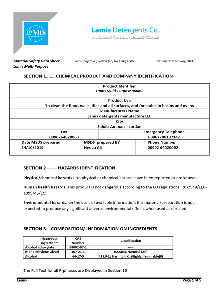 MP Lamis MSDS | PDF | Firefighting | Fires
