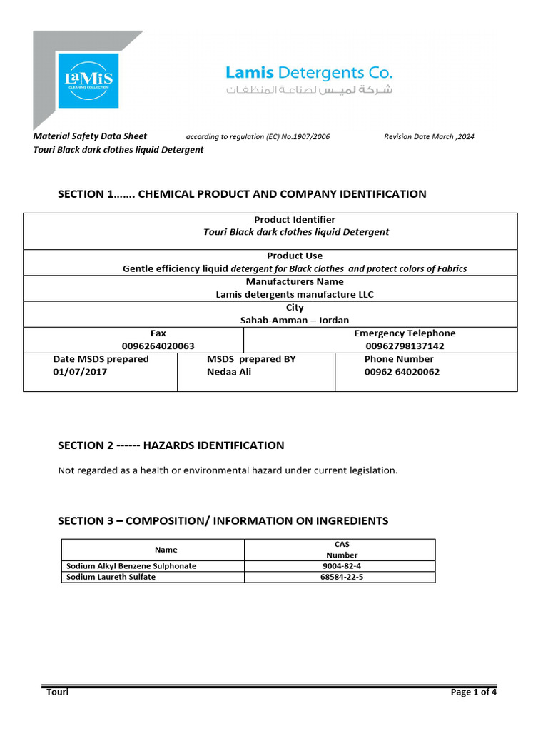 Touri Black Clothes Detergent MSDS | PDF | Safety | Occupational Safety ...