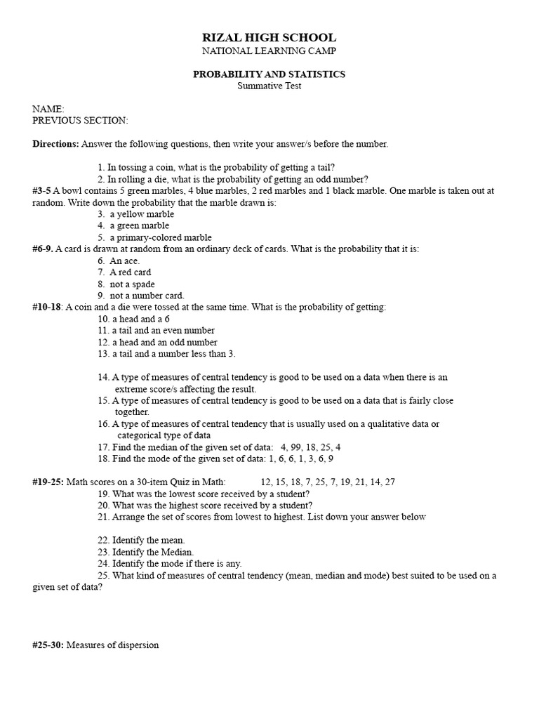 Rizal High School NLC Exam | PDF | Median | Mode (Statistics)