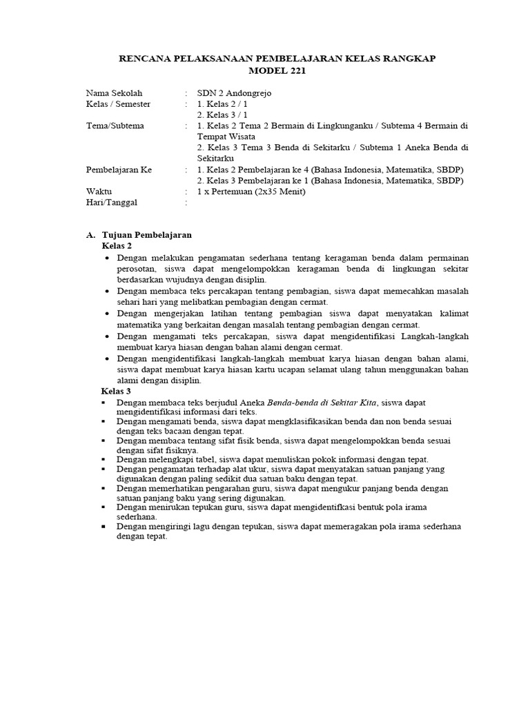 RPP Kelas Rangkap Model 221 | PDF