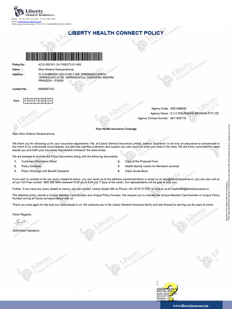 Liberty Health Connect Policy: Policy No.: Name: Address | PDF ...