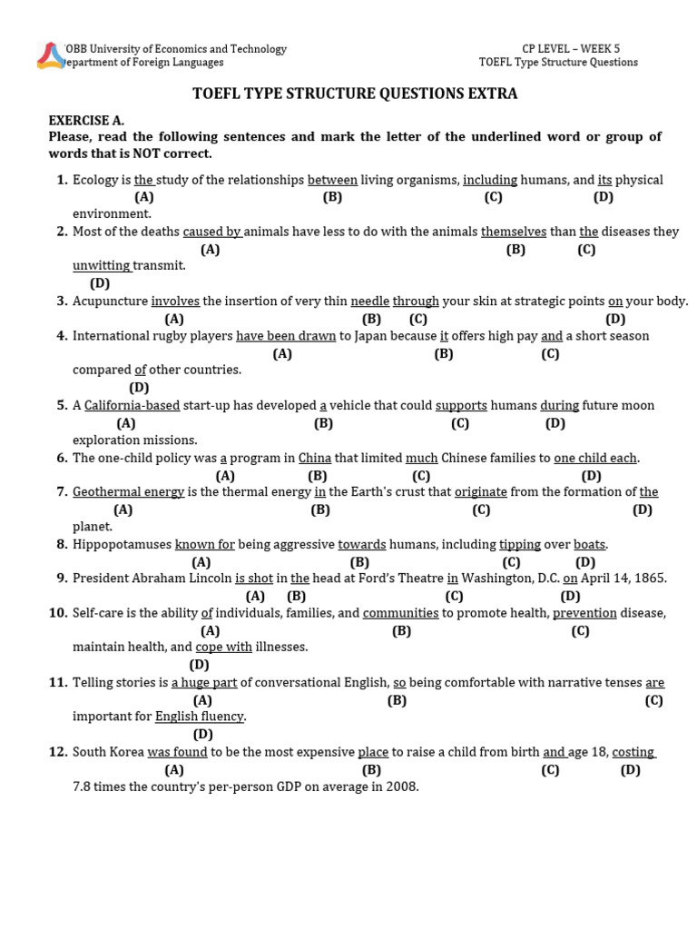 TOEFL Type Structure Questions | PDF
