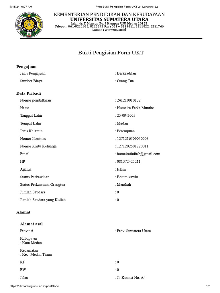 Print Bukti Pengisian Form UKT 241210010132 | PDF