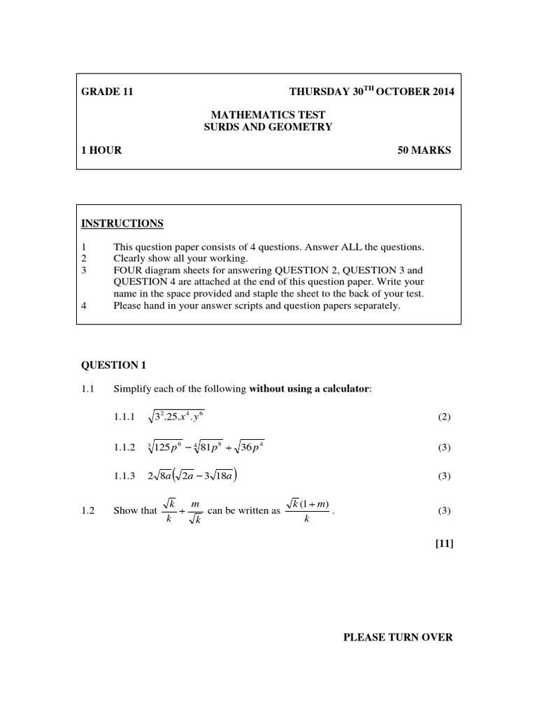 Grade 11 Test 5 2014 | PDF | Circle | Geometric Shapes