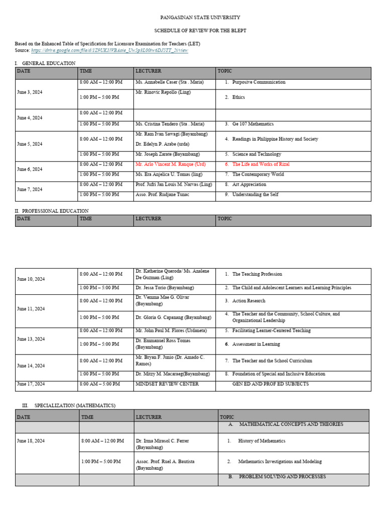 Schedule of Blept Review 2024 | PDF | Geography | Mathematics