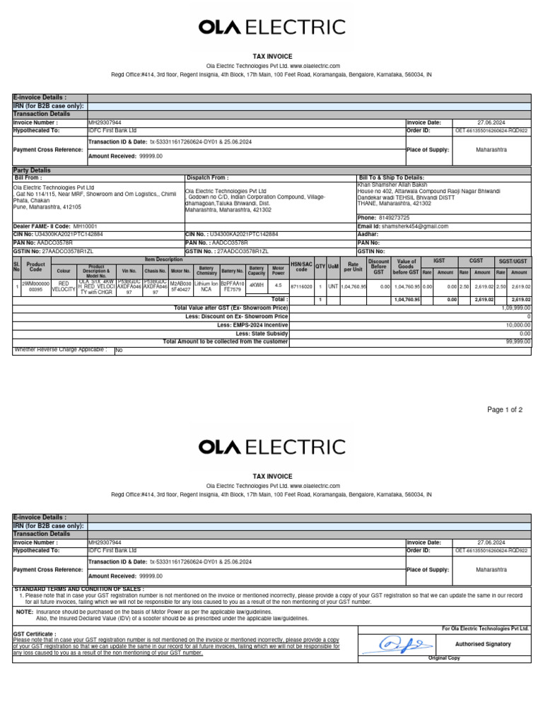 OET 661355016260624 RQD922 Vehicle Invoice FRONT Merged | PDF | Invoice | Payments