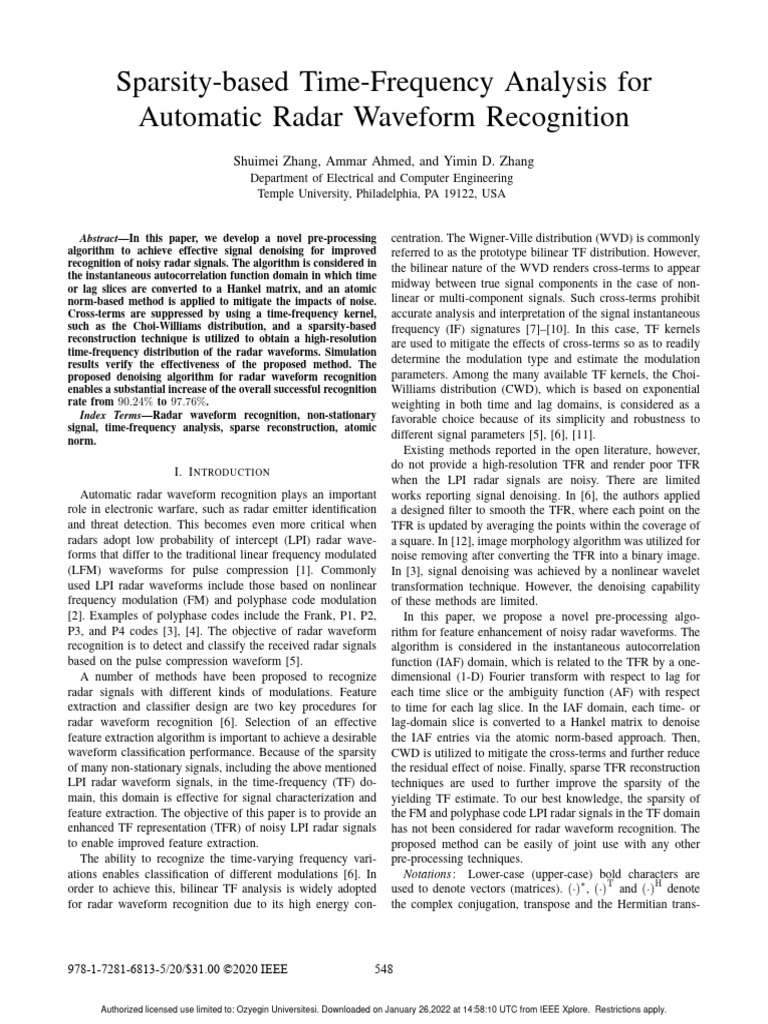 Sparsity-Based Time-Frequency Analysis For Automatic Radar Waveform Recognition | PDF | Discrete ...