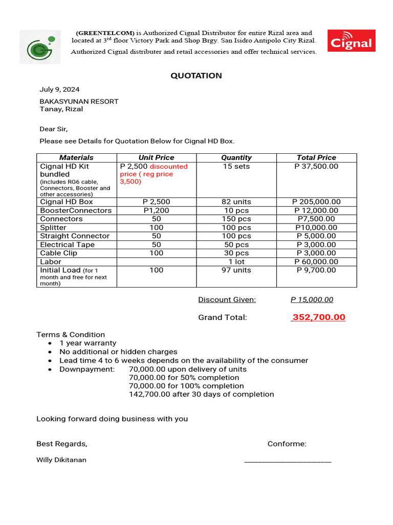 Cignal HD Box Quotation for Bakasyunan Resort | PDF