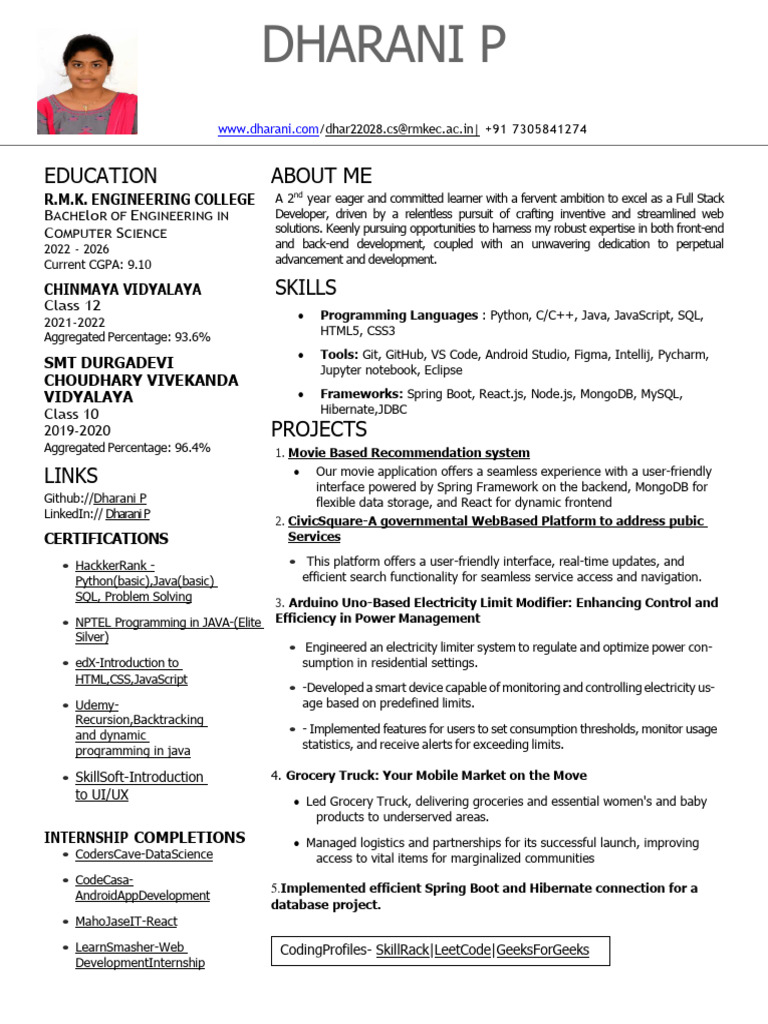 Resume Dharani | PDF | Java (Programming Language) | Java Script