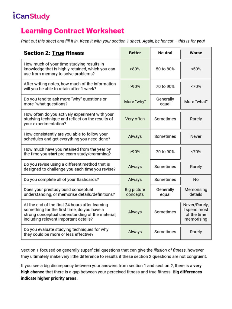 Learning Contract Worksheet Section 2 | PDF
