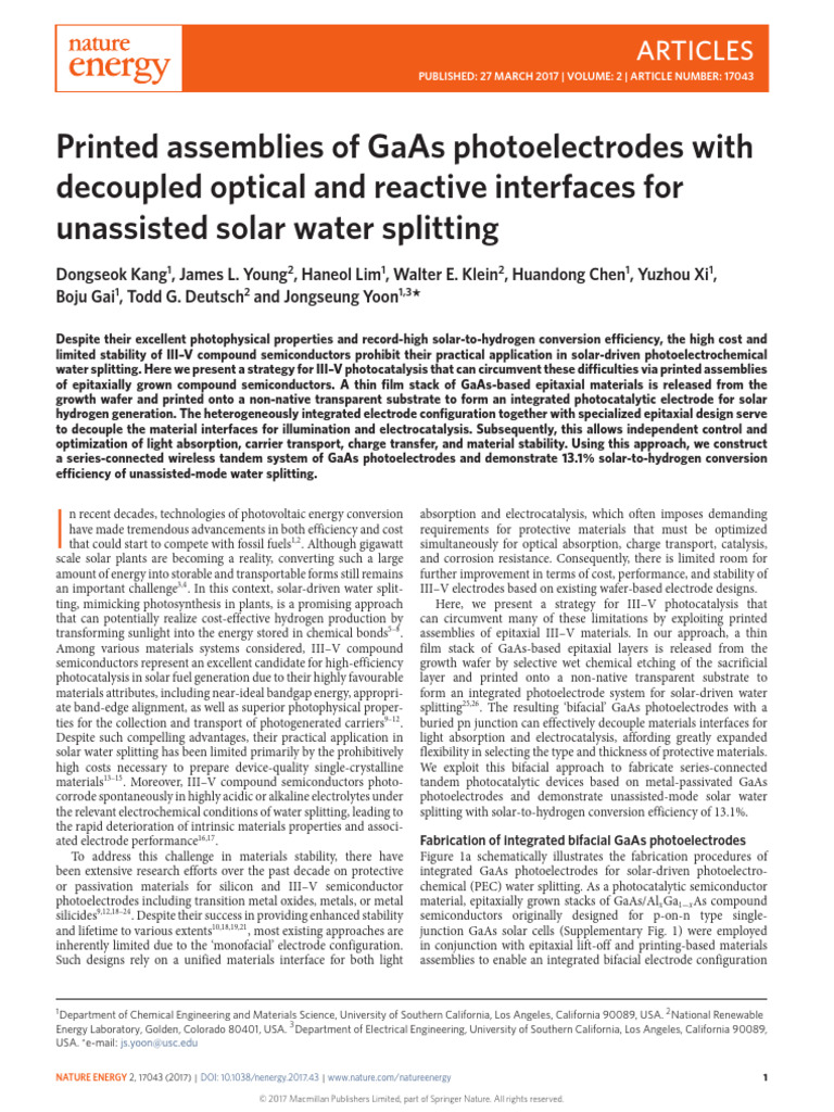 Printed Assemblies of GaAs Photoelectrodes With Decoupled Optical and ...