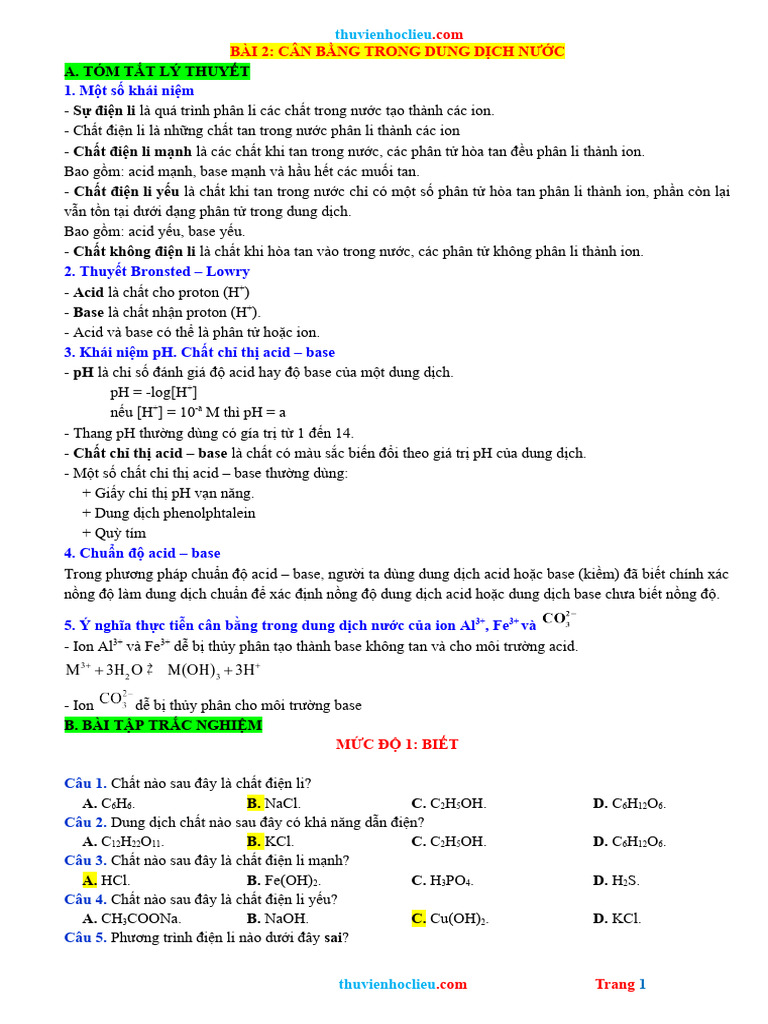 2 Ly Thuyet Va Bai Tap Can Bang Trong Dung Dich Nuoc | PDF