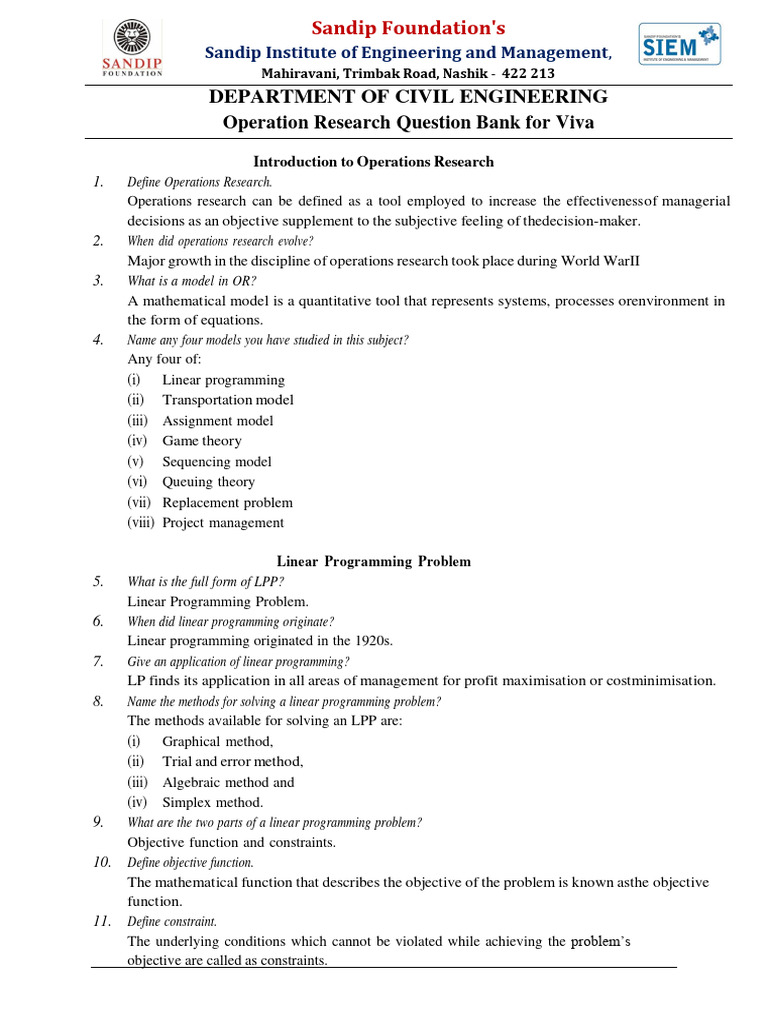 Or Viva Question Bank With Answers - RNP | PDF | Mathematical ...