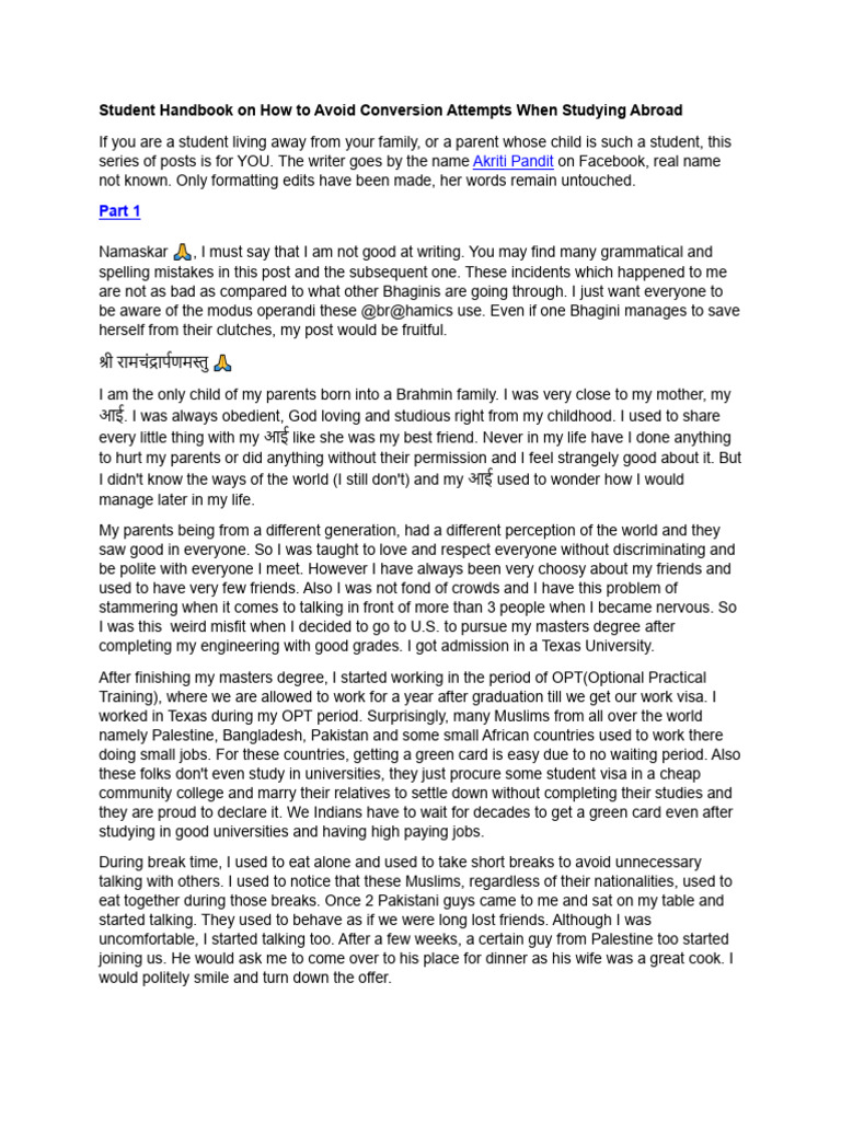 Student Handbook On How To Avoid Conversion Attempts When Studying ...