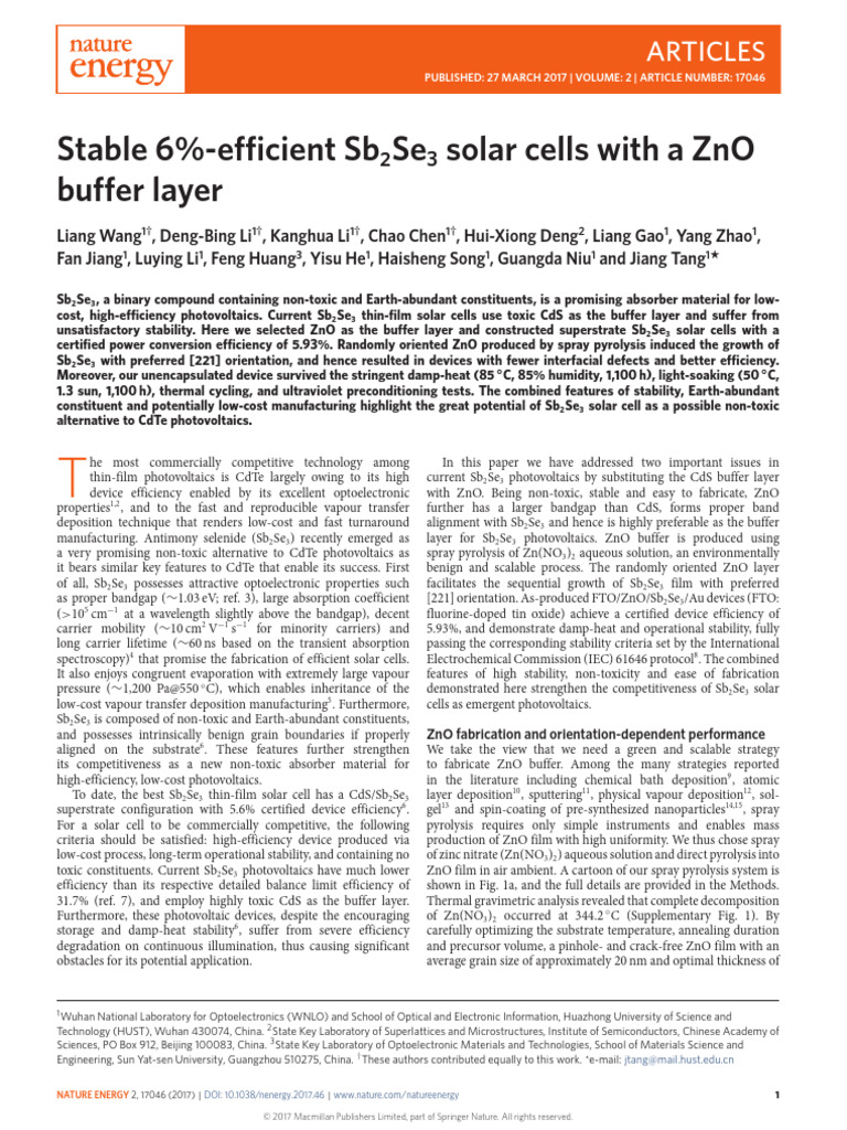 Stable 6-Efficient Sb2Se3 Solar Cells With A ZnO Buffer Layer by Unknow | PDF | Zinc Oxide ...