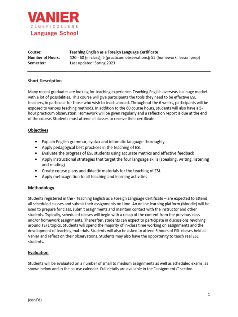 TEFL Course Outline 2023 | PDF | English As A Second Or Foreign ...