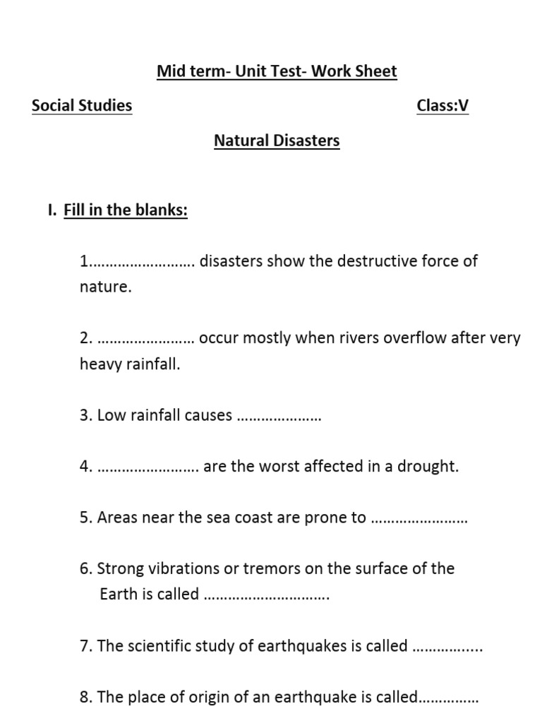 Class 5 Natural Disasters Worksheet | PDF