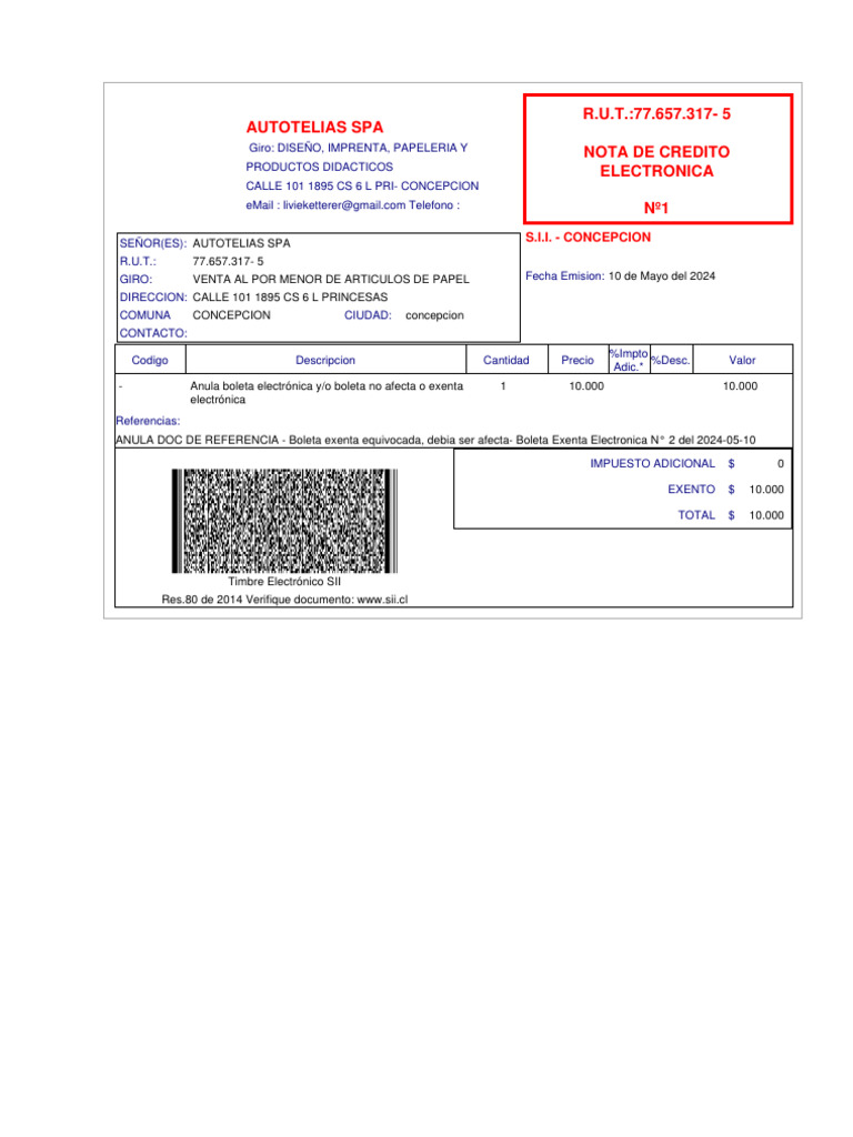 Autotelias Spa R.U.T.:77.657.317-5 Nota de Credito Electronica Nº1 | PDF