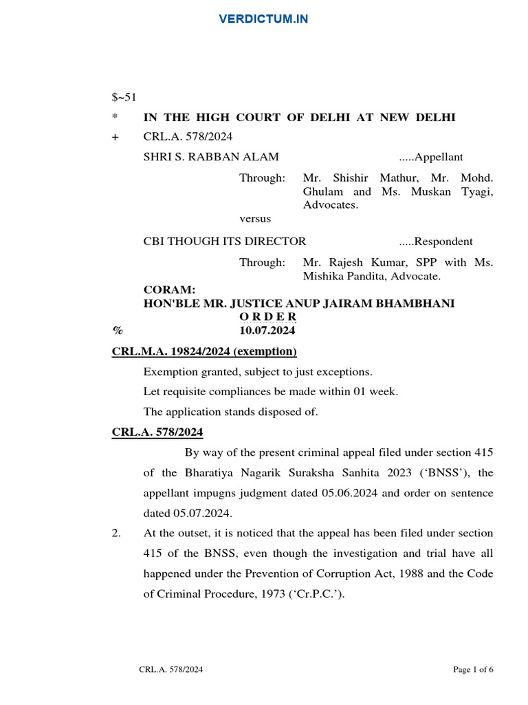 Delhi High Court Appeal CRL.A. 578/2024 | PDF | Appeal | Bail
