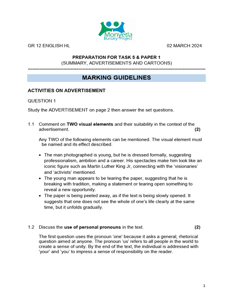 Task 5 Preparation Marking Guideline | PDF | Body Language | Advertising
