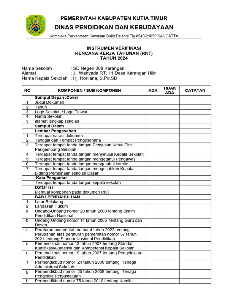 RKT 2024 SD Negeri 008 Karangan | PDF
