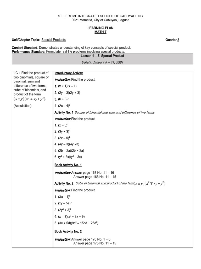 Learning Plan - Unit 6 Special Products | PDF | Area | Mathematics