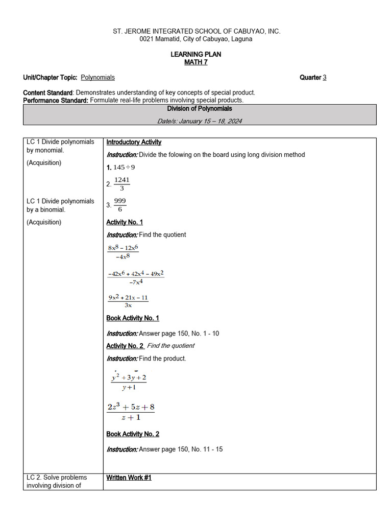Learning Plan - Division of Polynomials | PDF | Polynomial | Mathematics