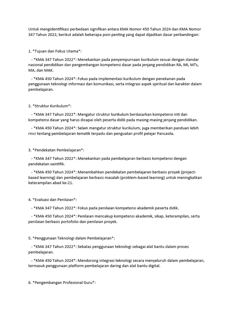 Untuk Mengidentifikasi Perbedaan Signifikan Antara KMA Nomor 450 Tahun 2024 Dan KMA Nomor 347 ...