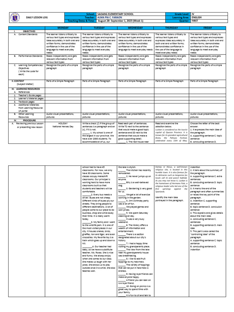 DLL English-4 Q1 W1 | PDF | Codex | Books