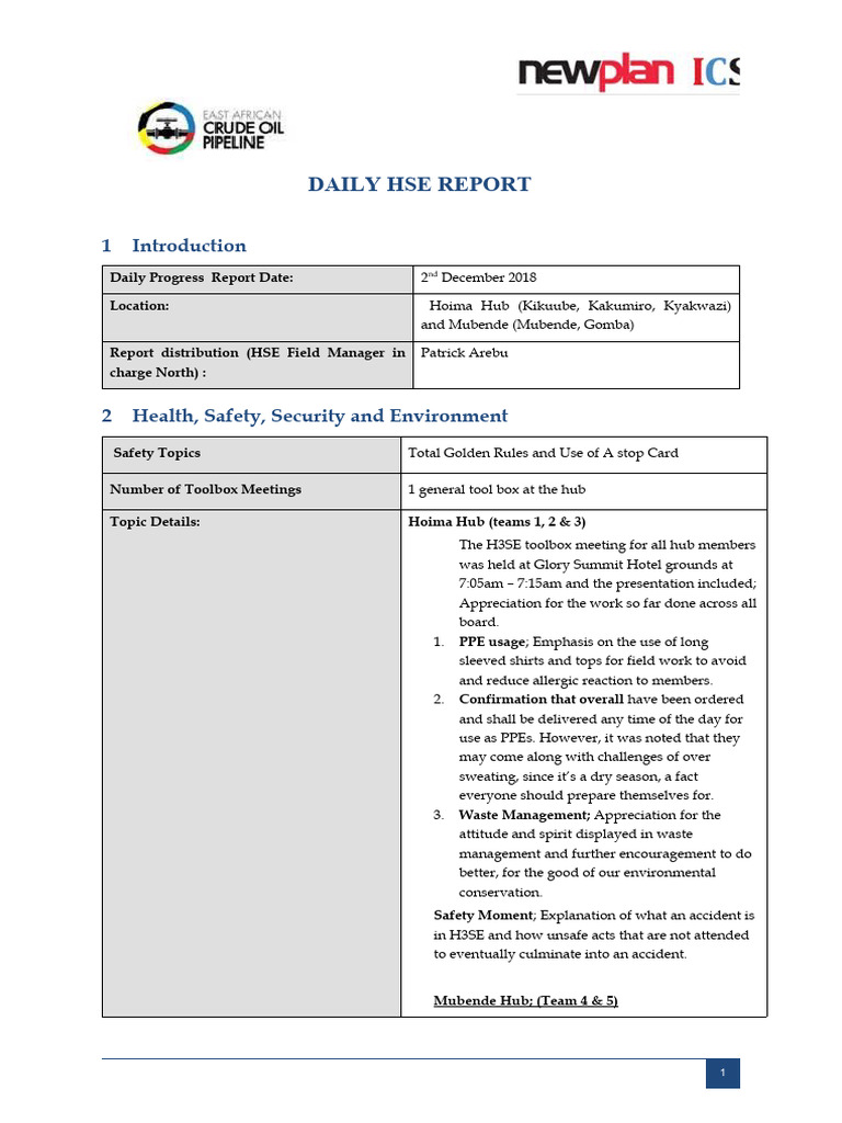 Detailed New HSE Daily Field Report | PDF | First Aid | Safety
