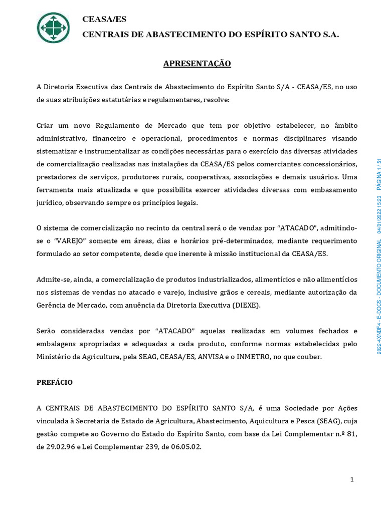 Regulamento de Mercado CEASA/ES | PDF | Mercado (economia) | Cooperativa