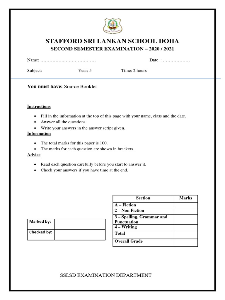 Year 5 - English - Question Paper - Second Semester Exam | PDF | Apollo ...