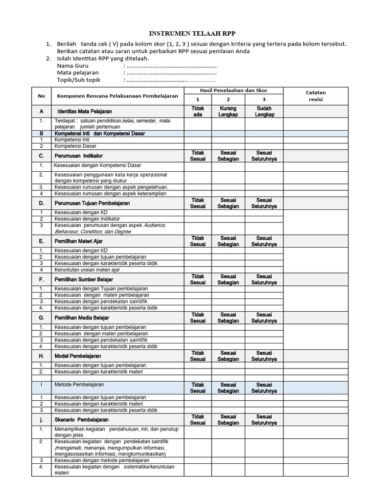 Instrumen Telaah RPP | PDF | Karier & Perkembangan