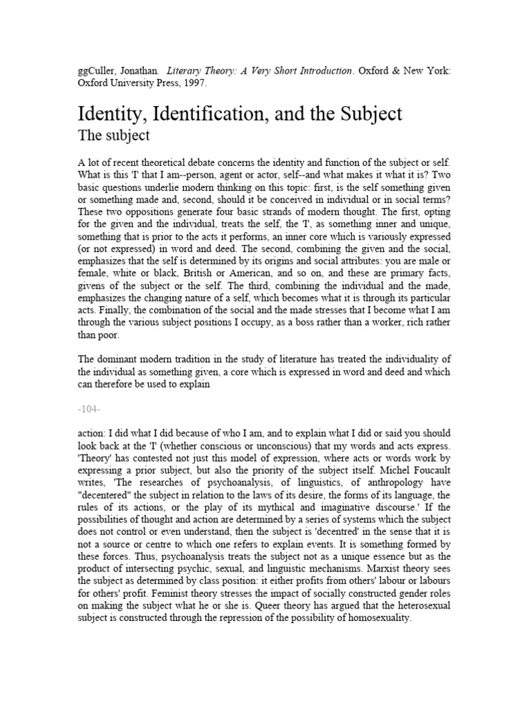 Culler - Identity, Identification and The Subject | PDF | Identity ...
