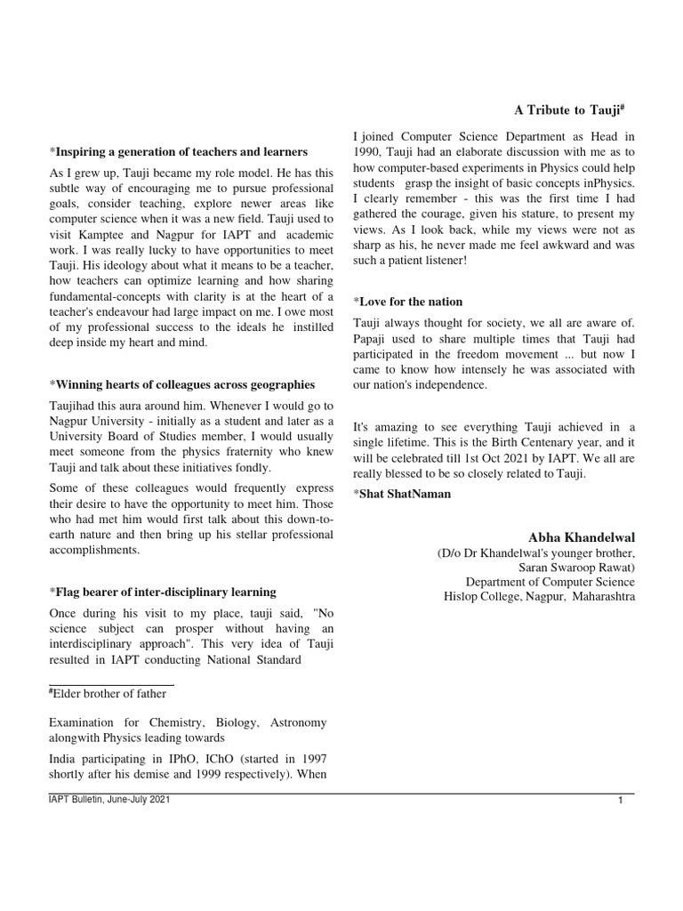 1 IAPT Bulletin JUNE JULY-2021 - Article | PDF | Eigenvalues And ...