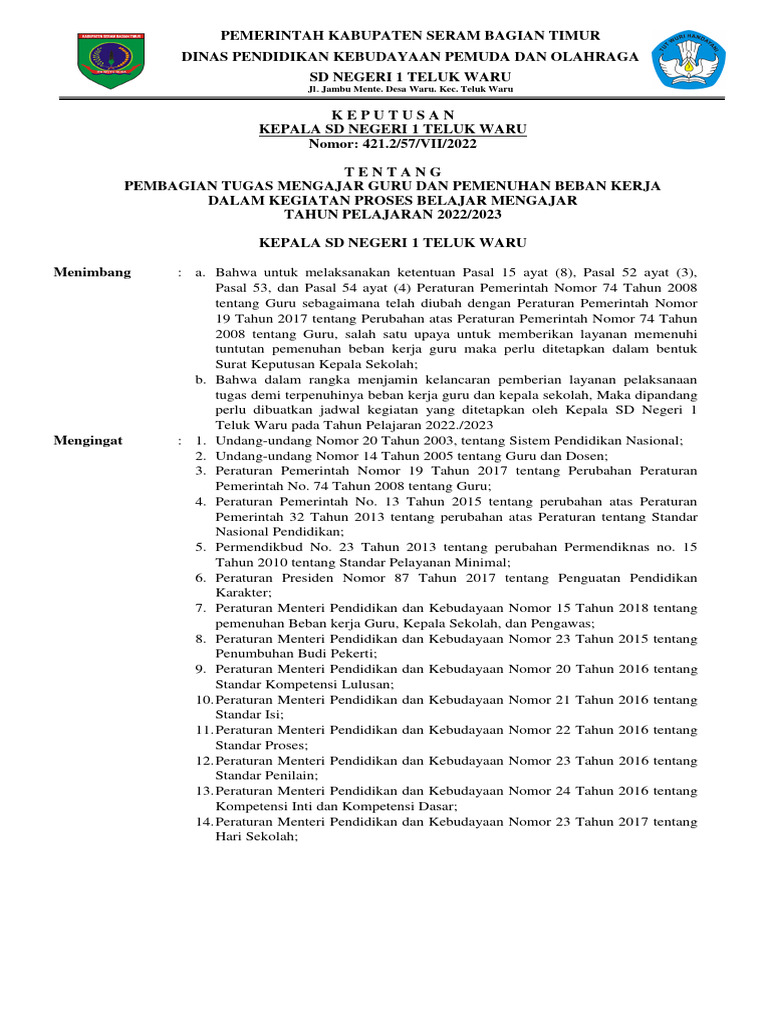 SK Pembagian Tugas Mengajar | PDF