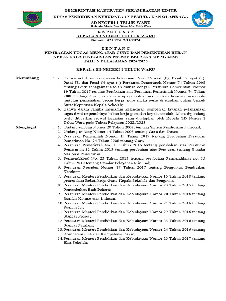 SK Pembagian Tugas Mengajar | PDF