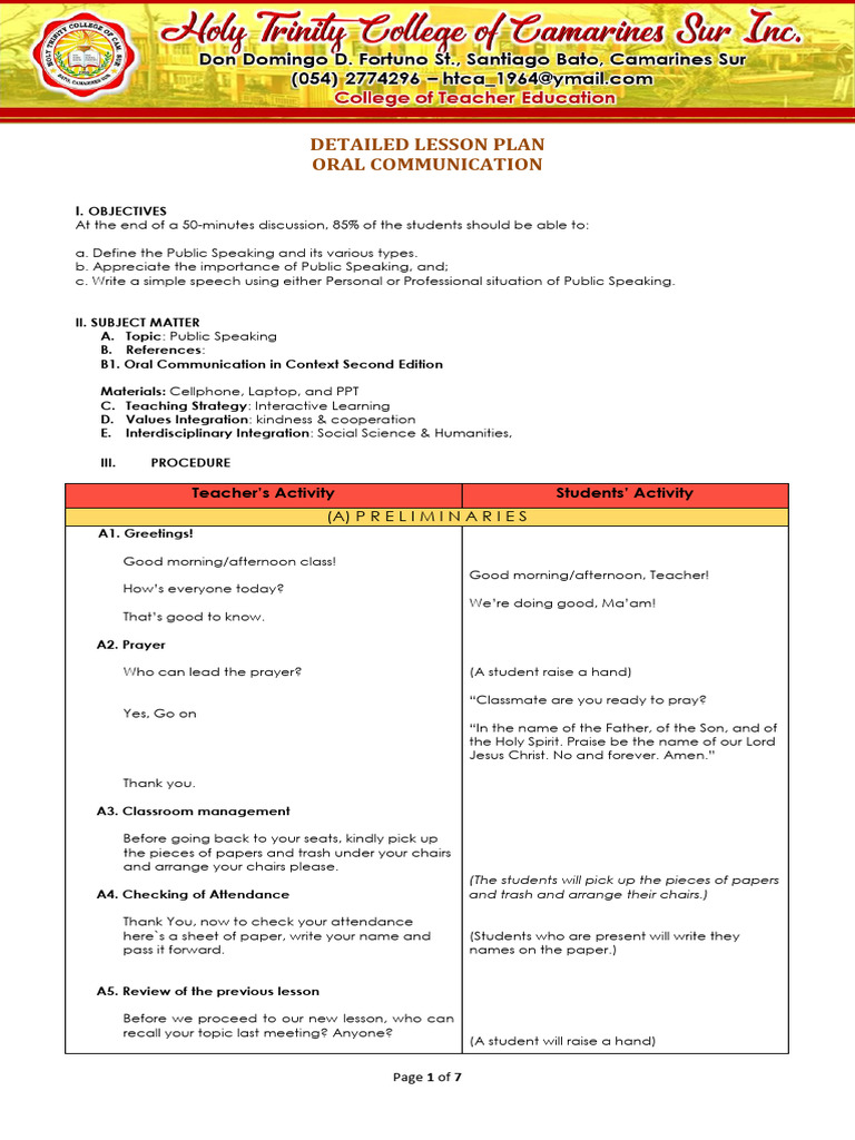ORAL COMMUNICATION 3 (Lesson Plan) | PDF | Public Speaking | Nonverbal Communication