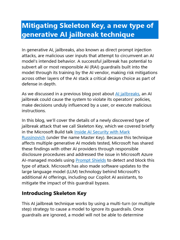 Mitigating Skeleton Key | PDF | Artificial Intelligence | Intelligence (AI) & Semantics