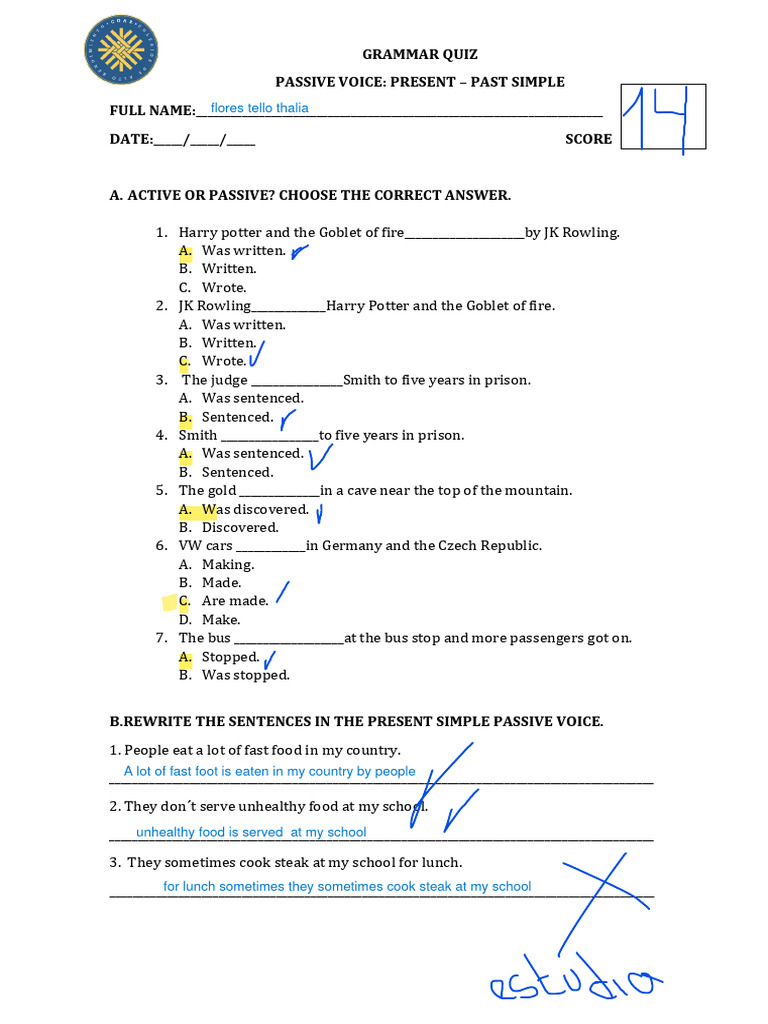 Grammar Quiz Passive Voice (1) - 3 | PDF | Lunch | Cakes