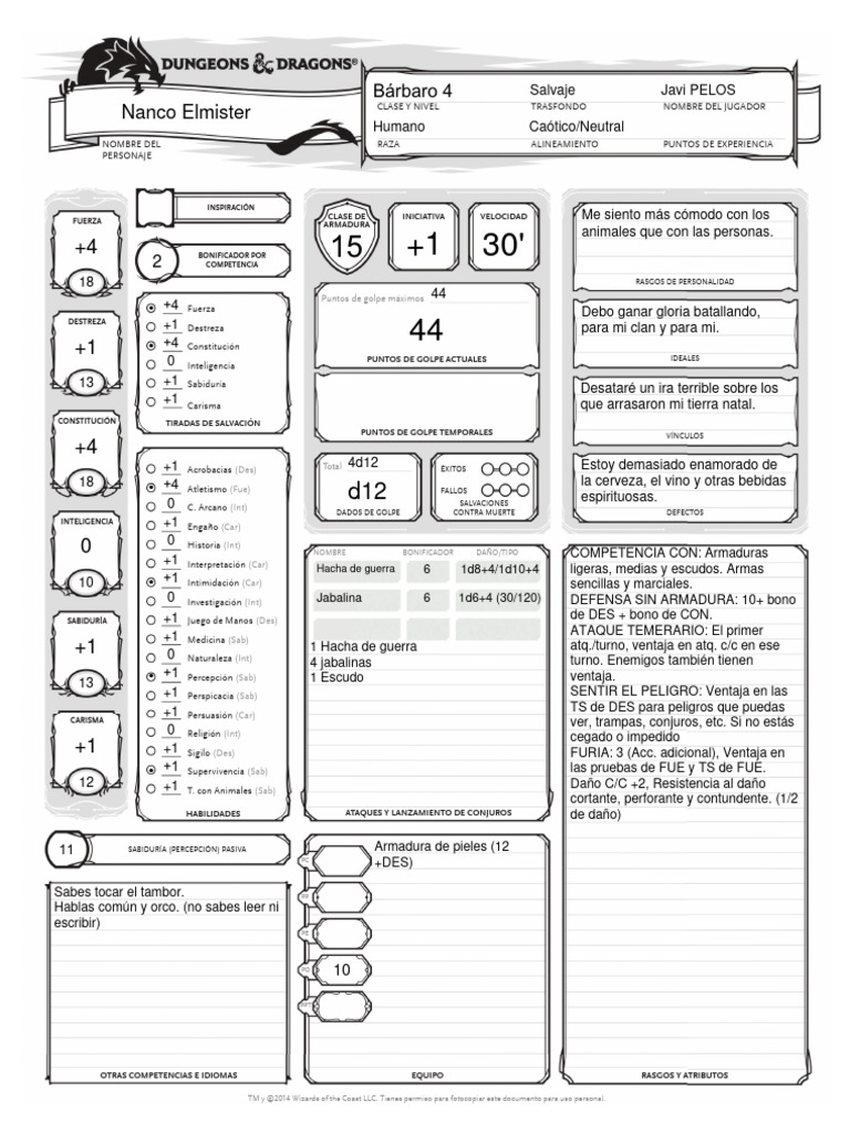 Hoja de Personaje para Bárbaro D&D 5e | PDF
