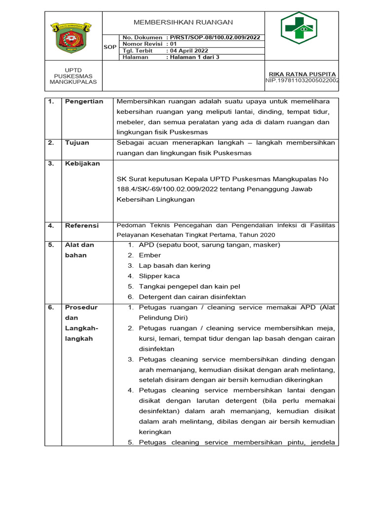 Sop Membersihkan Ruangan Ok | PDF