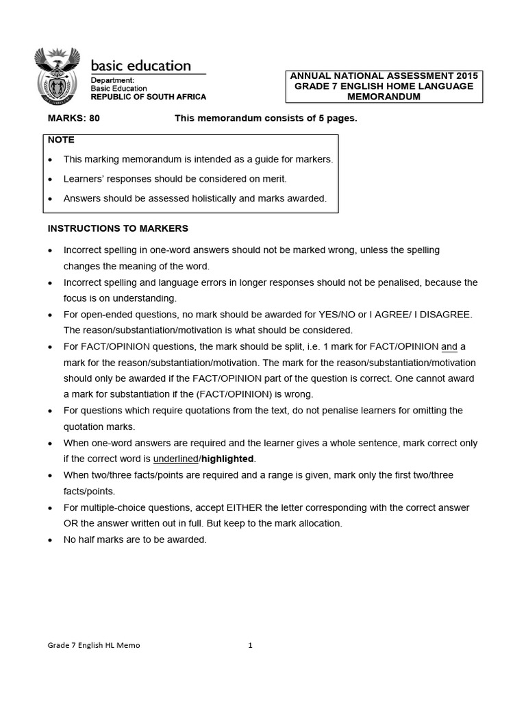 2015 Grade 7 English HL Memo | PDF | Question | English Language