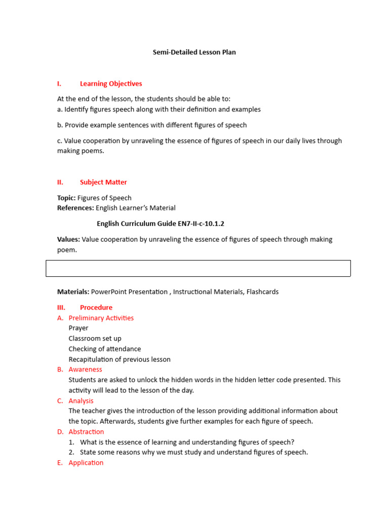 LP Figures Speech | PDF | Lesson Plan | Teaching