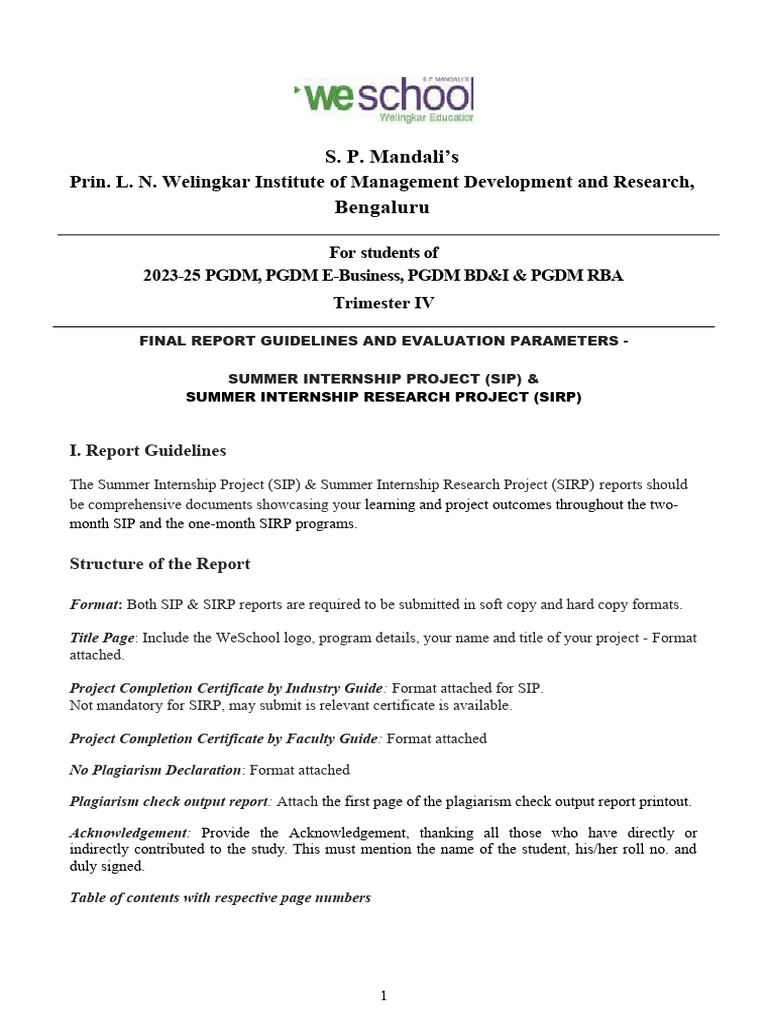 2023-25 - SIP-SIRP - Report Guidelines, Evaluation Parameters, Submission Process | PDF ...