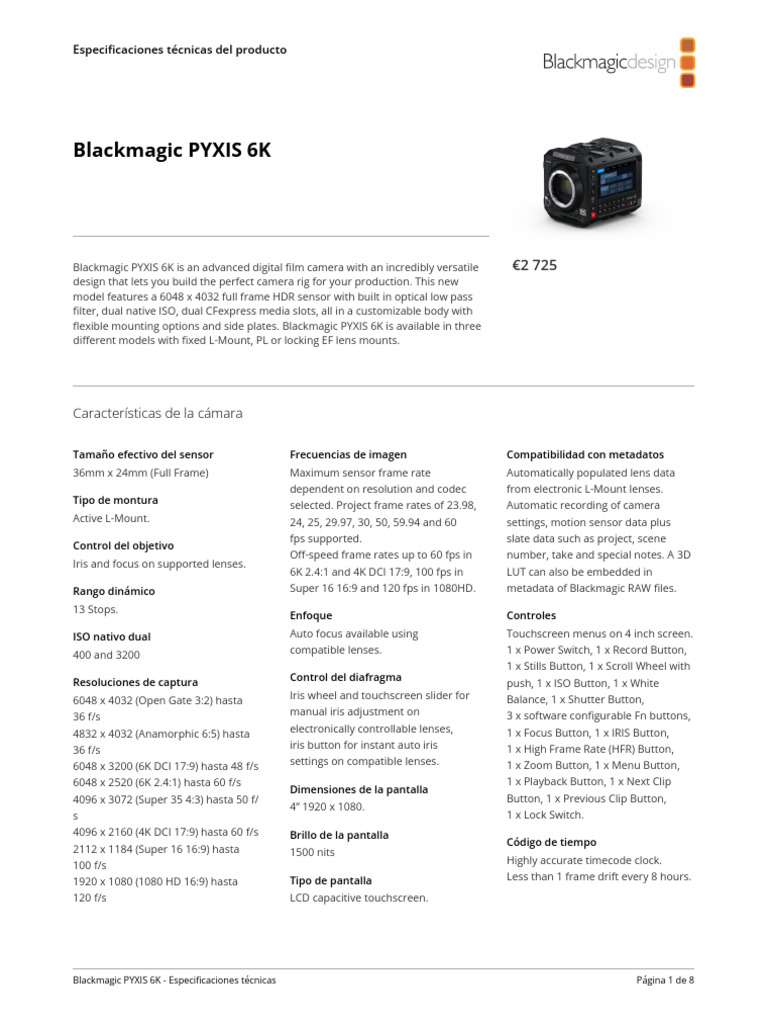 Blackmagic Pyxis 6k Techspecs | PDF